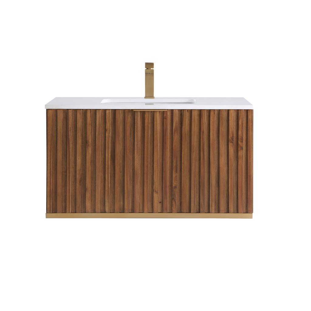 Terra 36" Single Floating Vanity, Walnut/Satin Brass with White Quartz ...